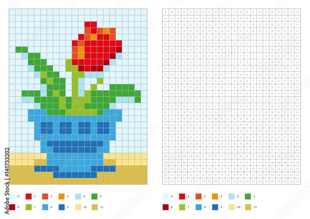 Coloring book with numbered squares. Kids coloring page, pixel coloring ...