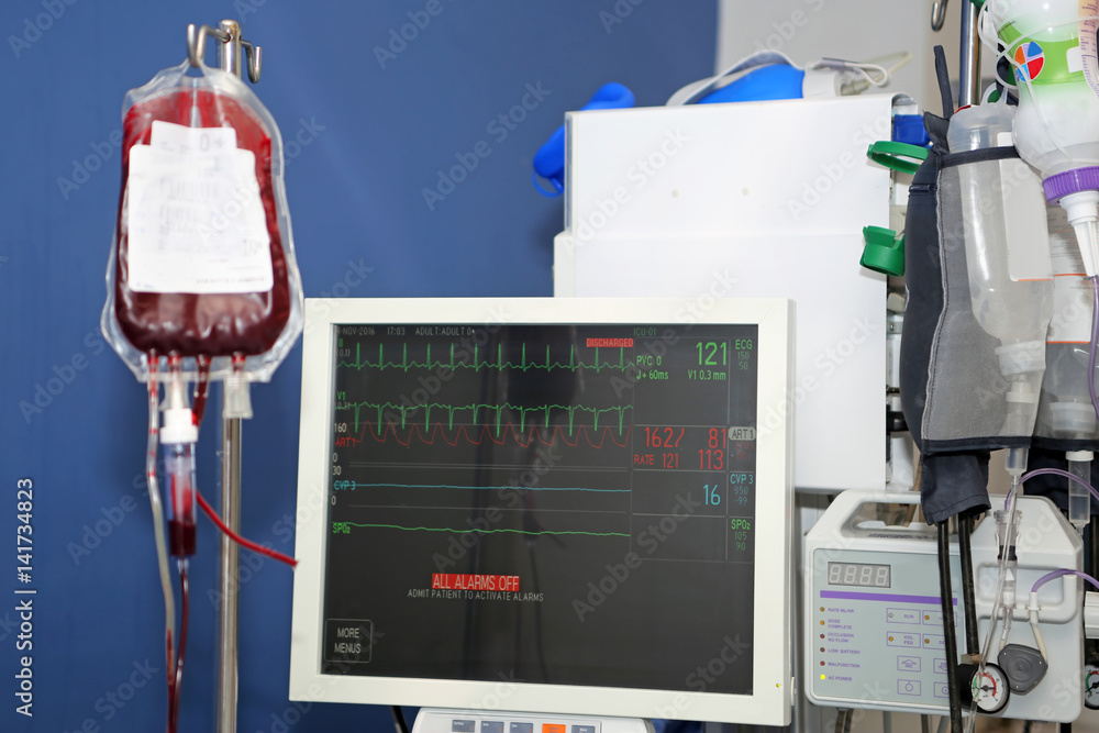 Blood transfusion, monitor of vital signs Stock Photo | Adobe Stock