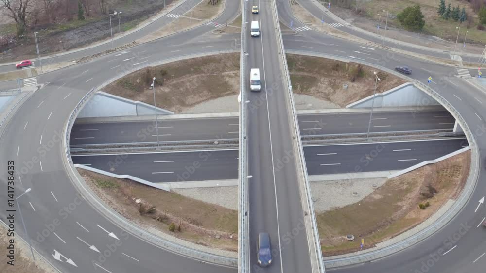 major freeway view of traffic intersection, top view from drone of huge ...