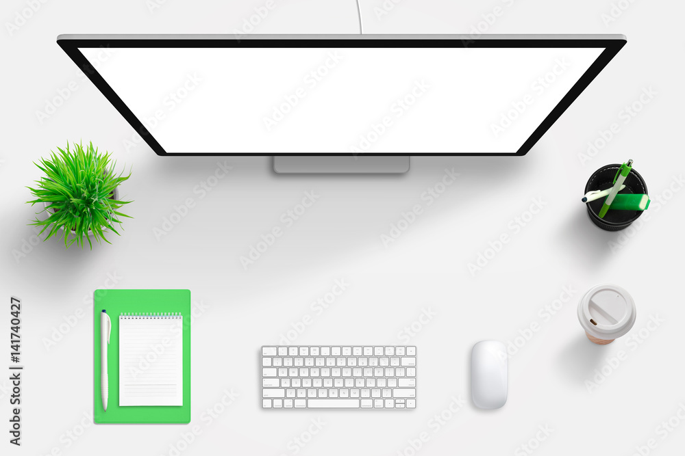Top view of office desk with computer and stationery. Isolated white ...