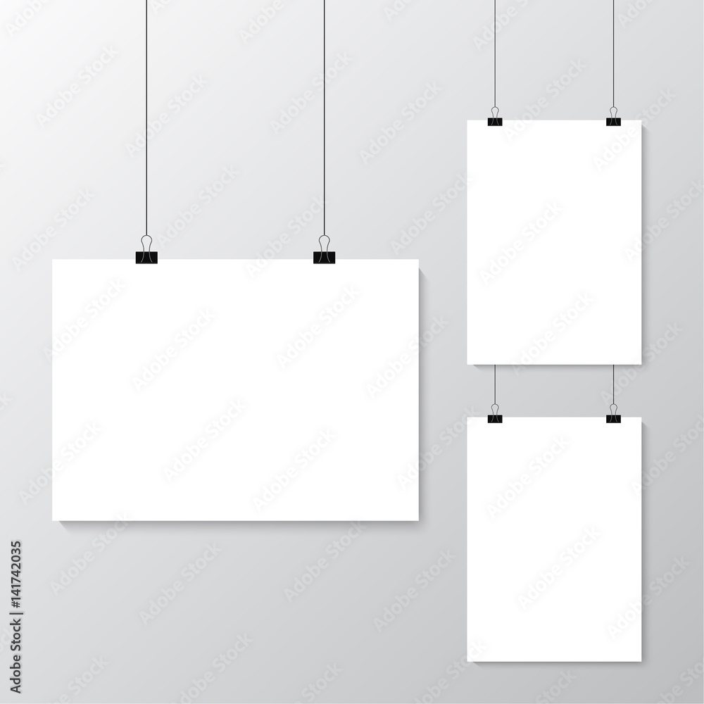 Image vector white poster hanging on binder. Grey wall with mock up ...