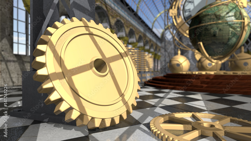 Mechanical devices in victorian interior. 3D rendering Stock ...