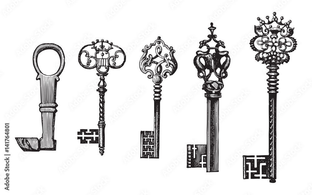 Old key collection / vintage illustration Stock Vector | Adobe Stock