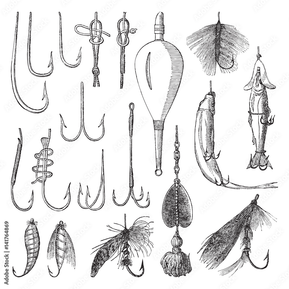 Fishing hook collection / vintage illustration Stock Vector | Adobe Stock