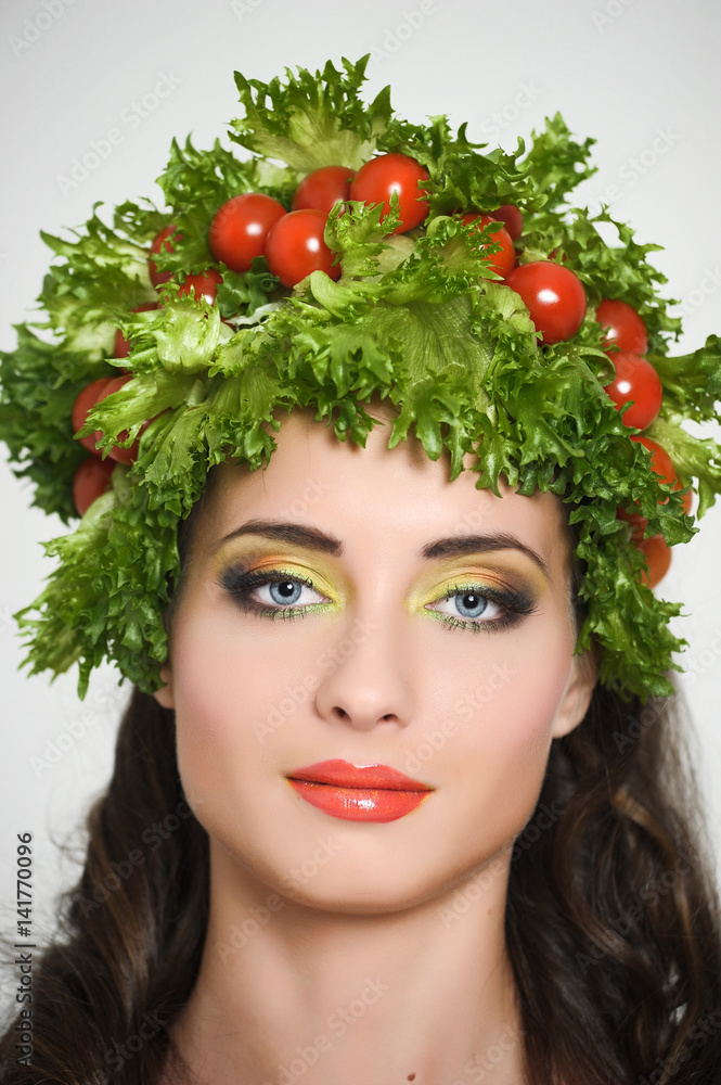 Beauty girl with Vegetables hair style. Beautiful happy young woman ...