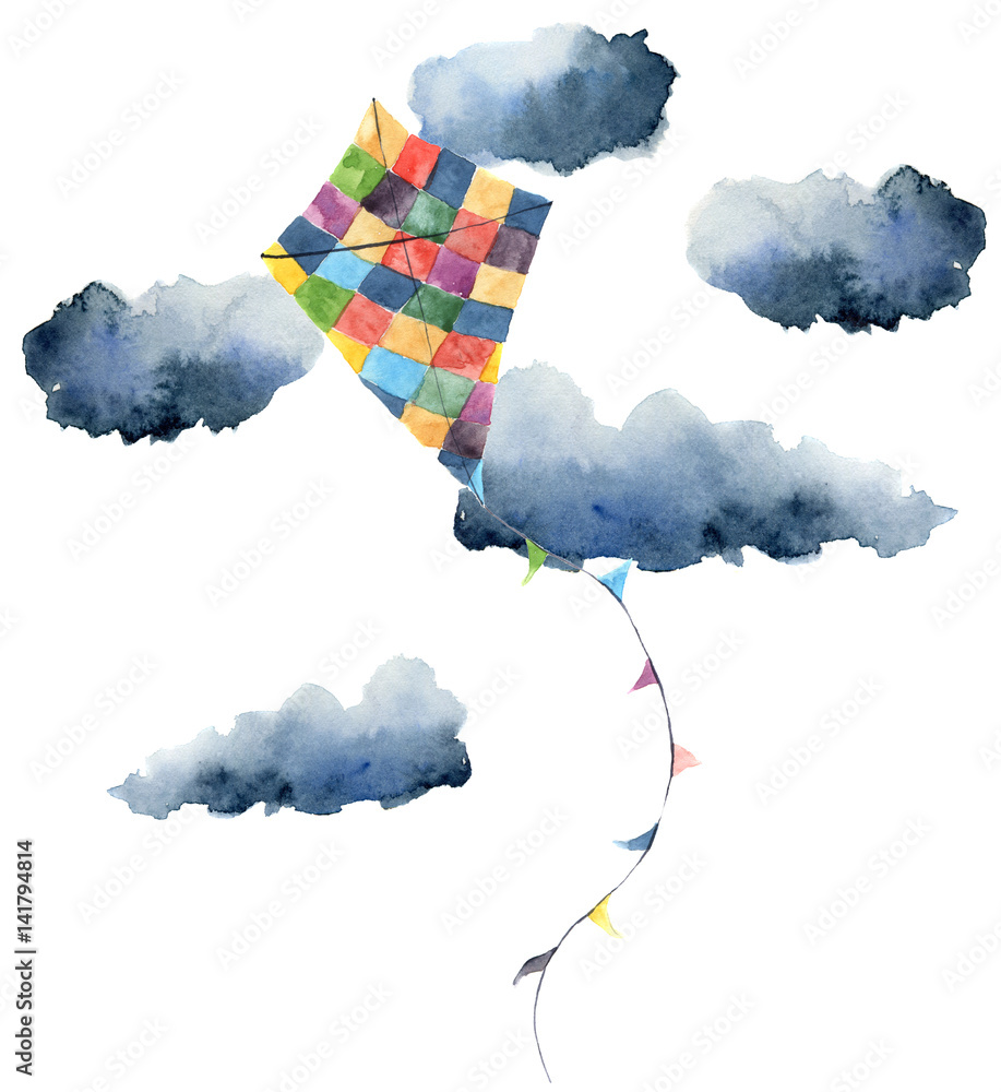 Watercolor kite with clouds and vintage design. Hand painted ...