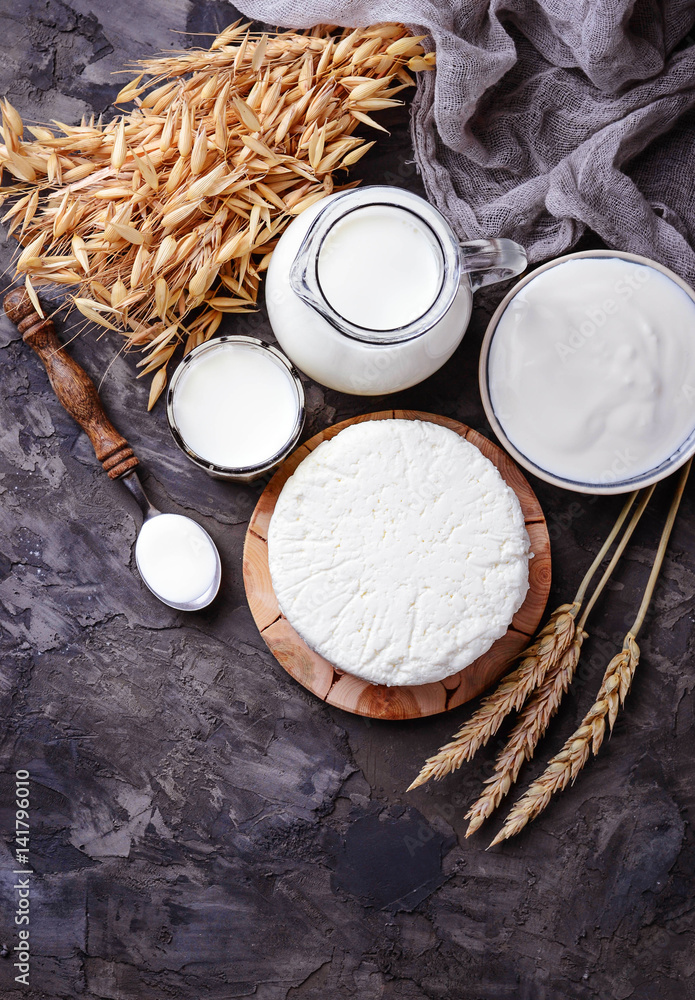 Tzfat cheese, milk and wheat grains. Symbols of judaic holiday Shavuot ...