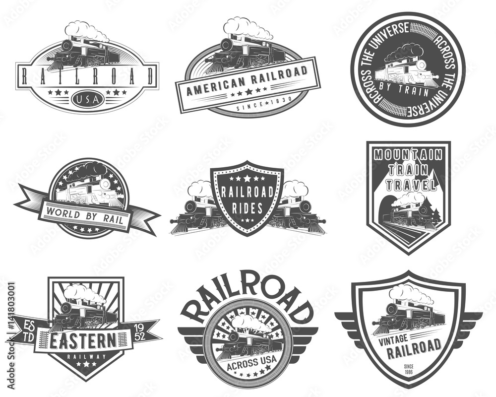 Vector vintage steam train set for logo templates, badges, emblems ...