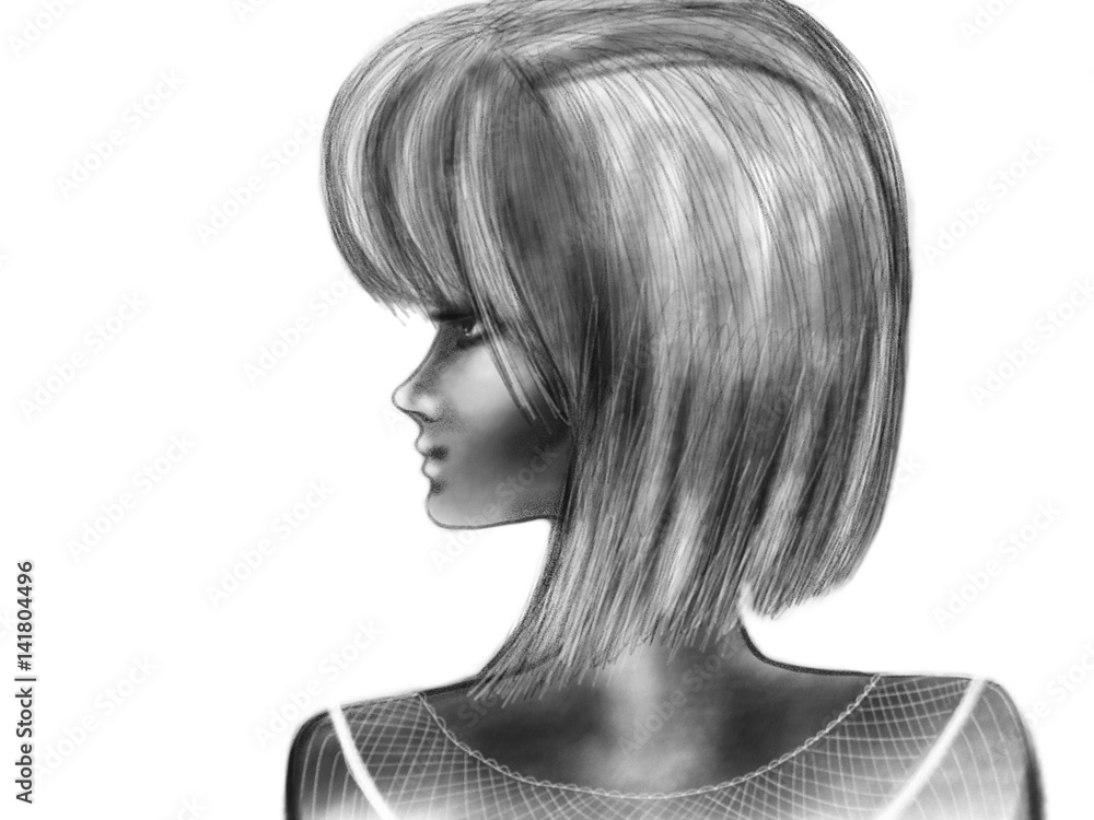 Hand drawn portrait of girl with short hair, isolated illustration ...