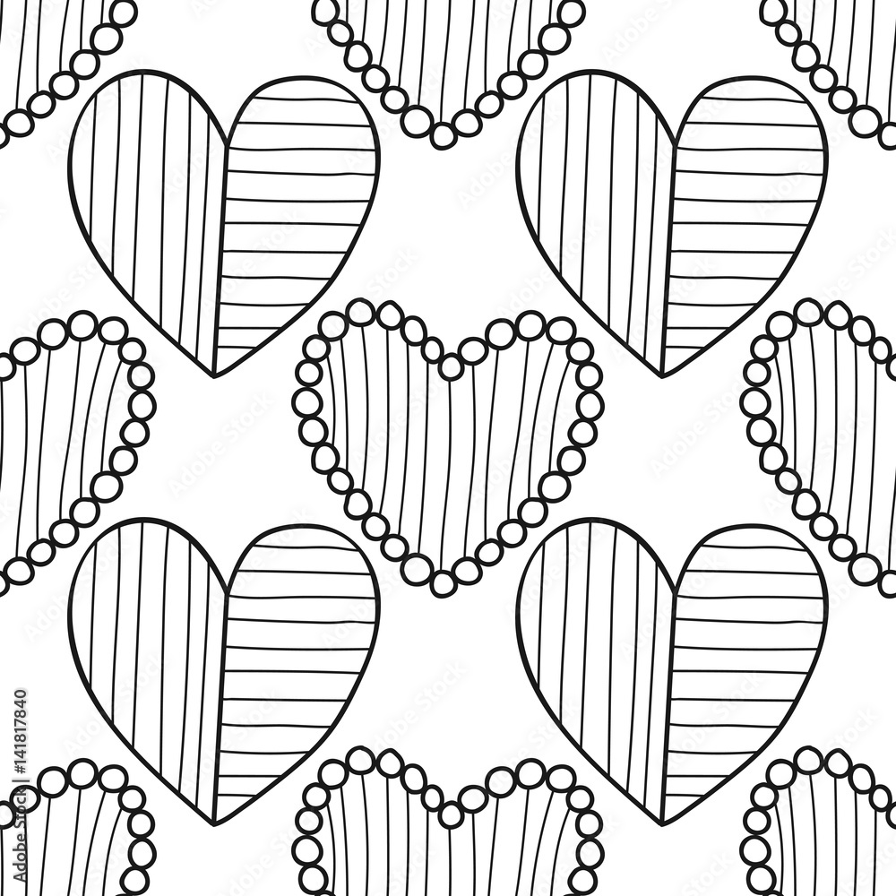 Black and white seamless pattern with decorative hearts for coloring ...