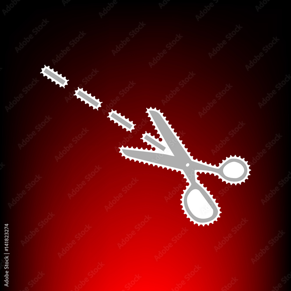 Scissors sign illustration. Postage stamp or old photo style on red ...