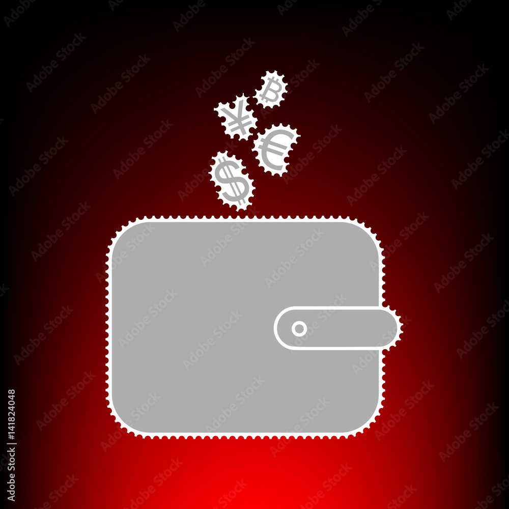 Wallet sign with currency symbols. Postage stamp or old photo style on ...