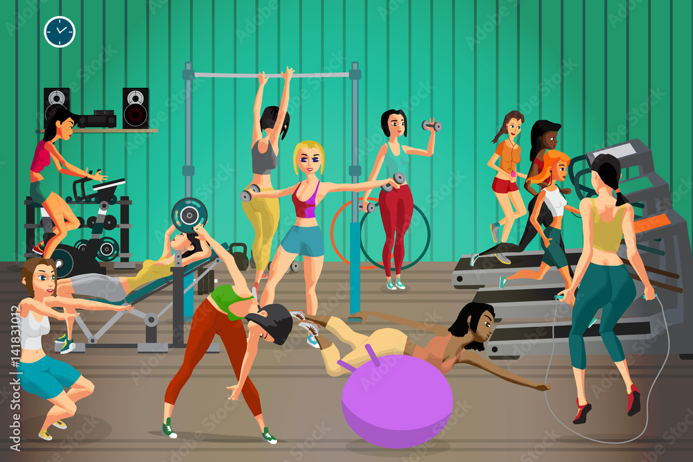 Women in sportswear are engaged in a gym. Vector flat cartoon il Stock ...