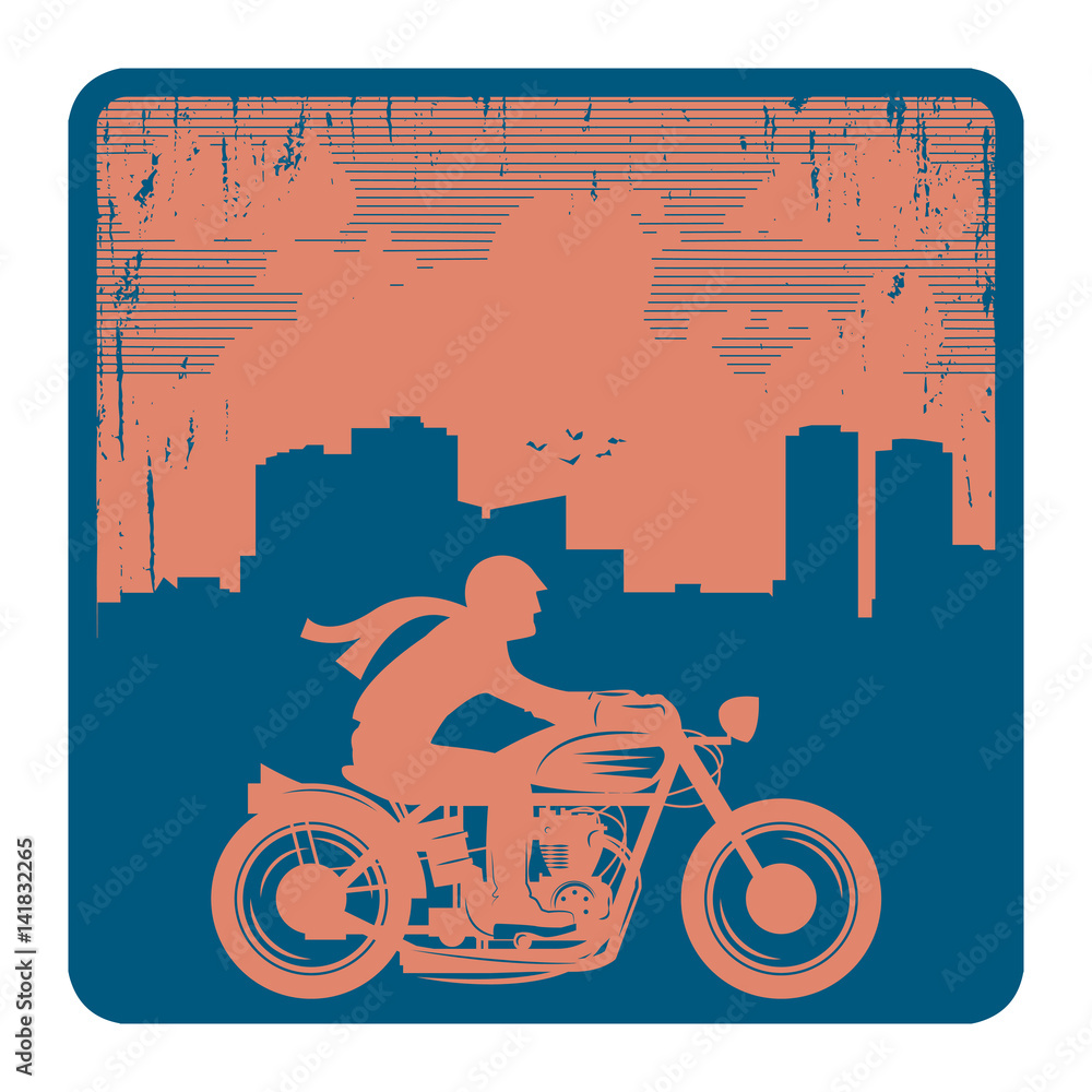 Motorcycle and city skyline. Emblem or sign of bikers club Stock Vector ...