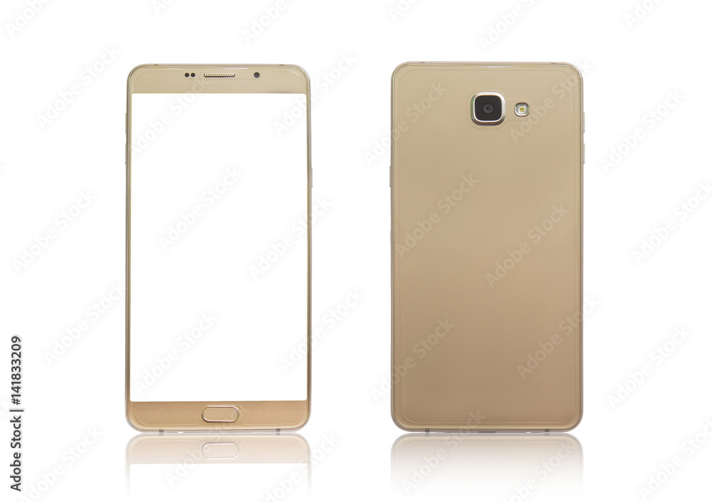 Gold phone front and backside view isolated on white background. Stock ...