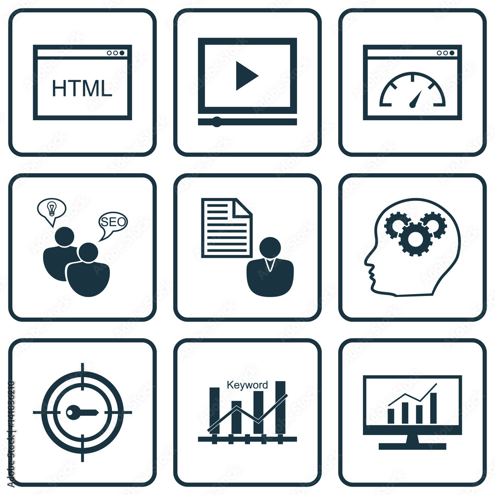 Set Of 9 SEO Icons. Includes Video Player, Keyword Optimisation ...