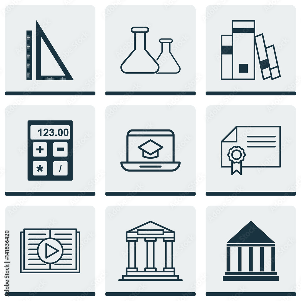 Set Of 9 School Icons. Includes Distance Learning, College, Library And ...