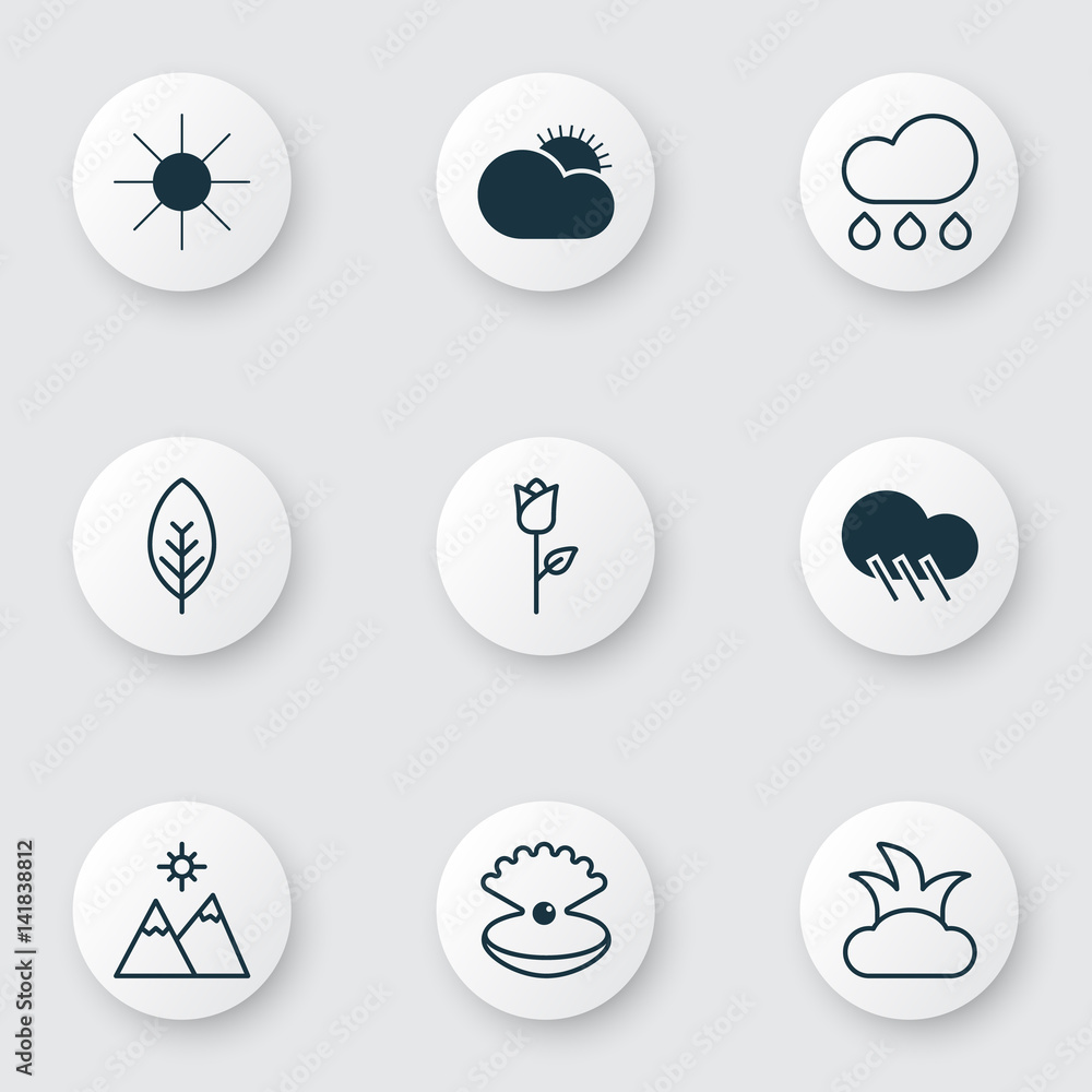 Set Of 9 Harmony Icons. Includes Tree Leaf, Sunny Weather, Raindrop And ...