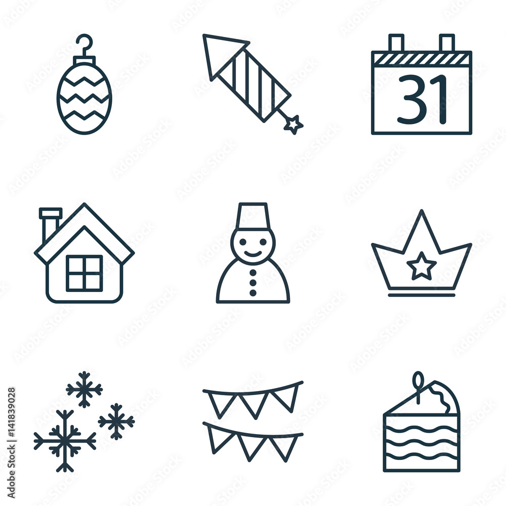 Set Of 9 Happy New Year Icons. Includes Snow Person, Residential ...