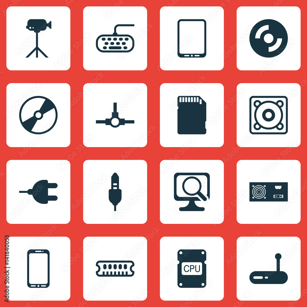 Set Of 16 Computer Hardware Icons. Includes Connector, Cellphone ...