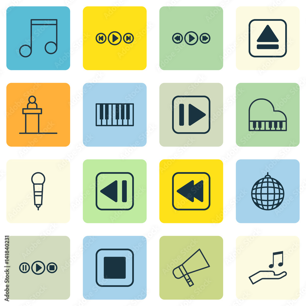 Set Of 16 Audio Icons. Includes Dance Club, Bullhorn, Extract Device ...