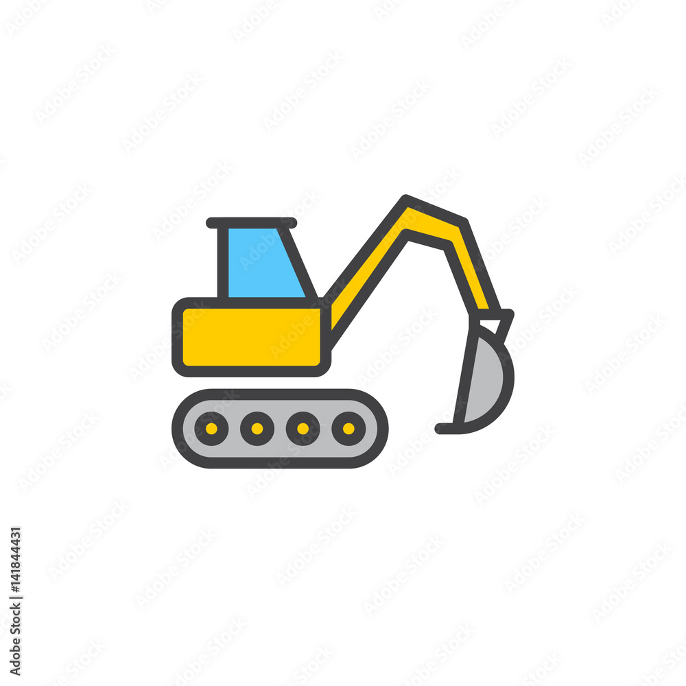 Excavator line icon, filled outline vector sign, linear colorful ...