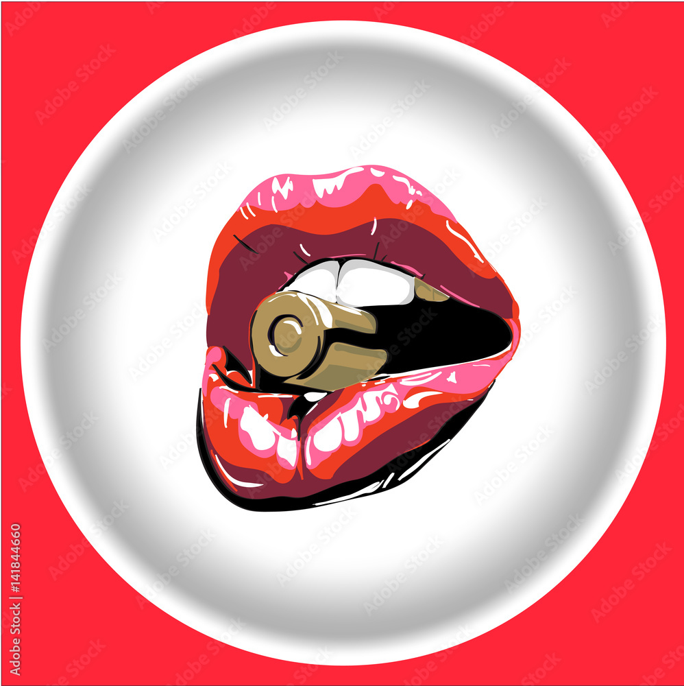 icon Red lips. Red lips with bullet. Red lips on black. Sexy biting red ...