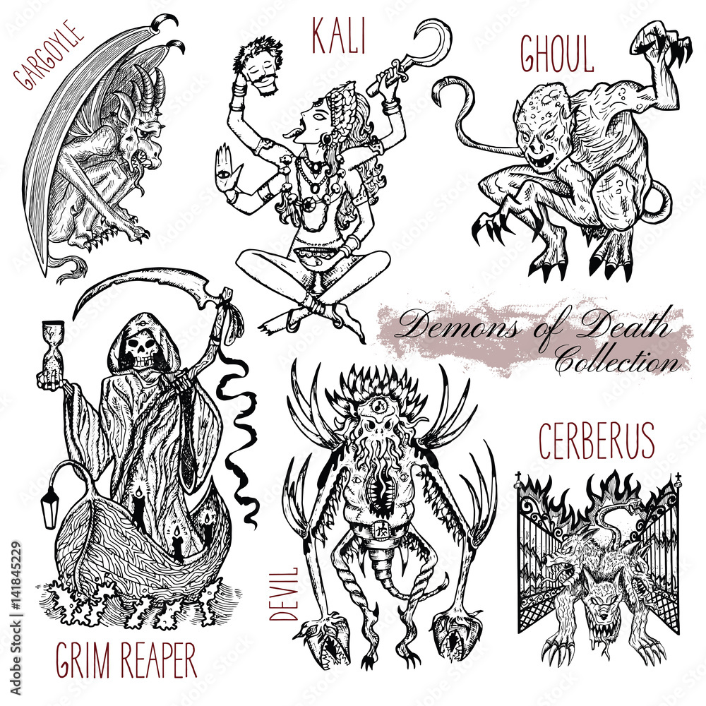 Hand drawn set with demons of death. Graphic vector illustration ...