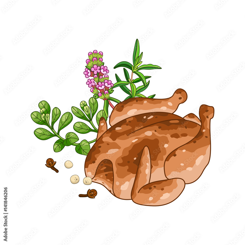Chicken dish vector set with herbs and spices in cartoon style. Food ...