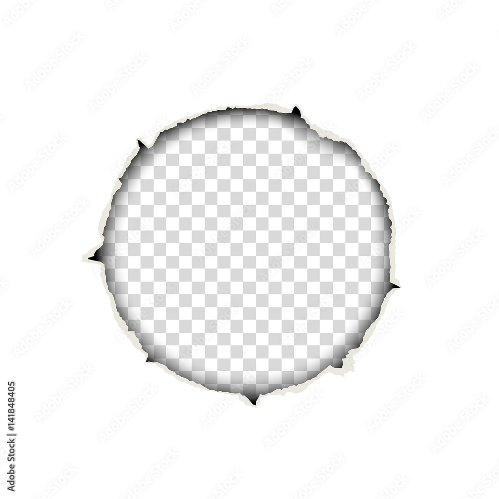 Snatched round hole in paper sheet placed on transparent background ...
