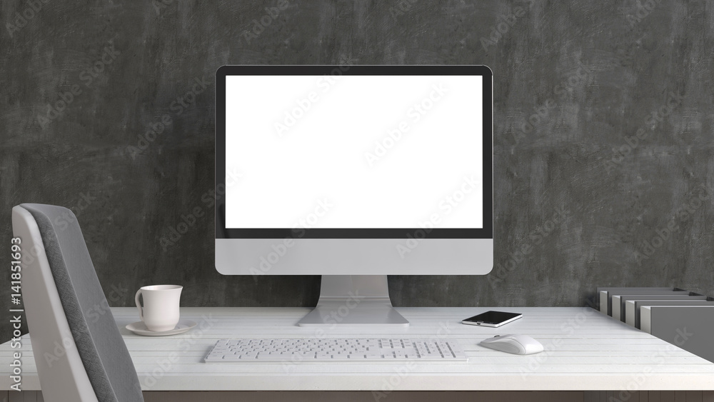 computer with white screen on office table. 3D illustration Stock ...