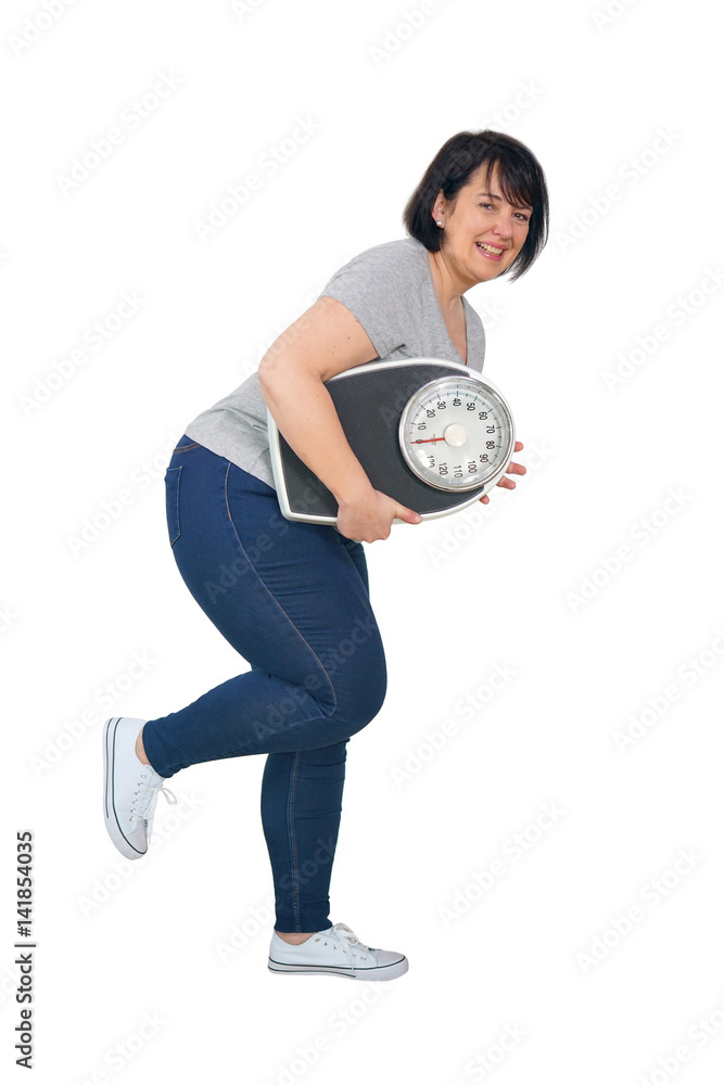 Overweight woman holding scale on white background Stock Photo | Adobe ...