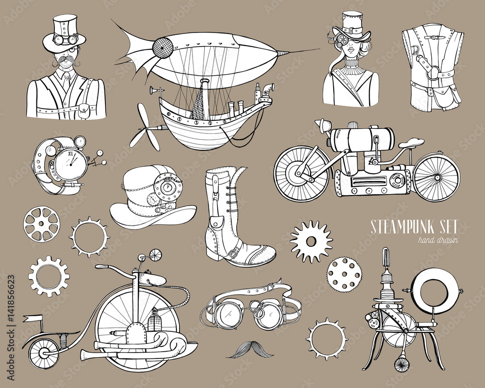Steampunk objects and mechanism collection machine, clothing, people ...