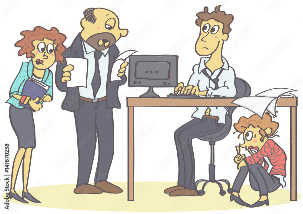 Woman hiding under office table of man coworker and lover, funny ...