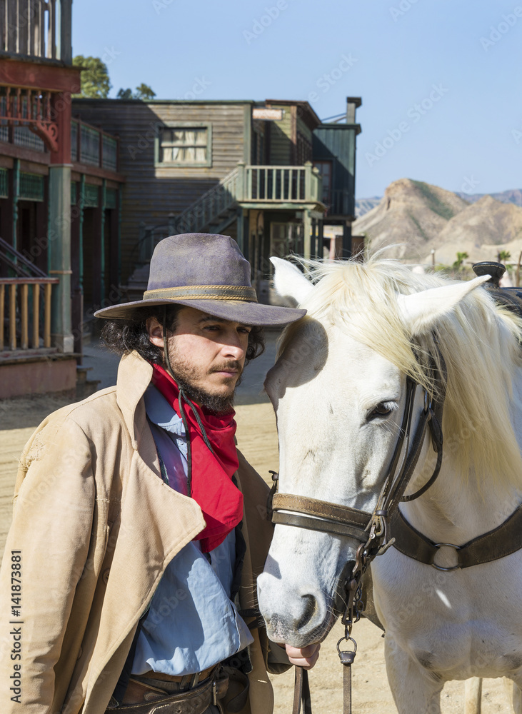 Cowboy with his horse at the Western Town at Mini Hollywood, Tabernas ...