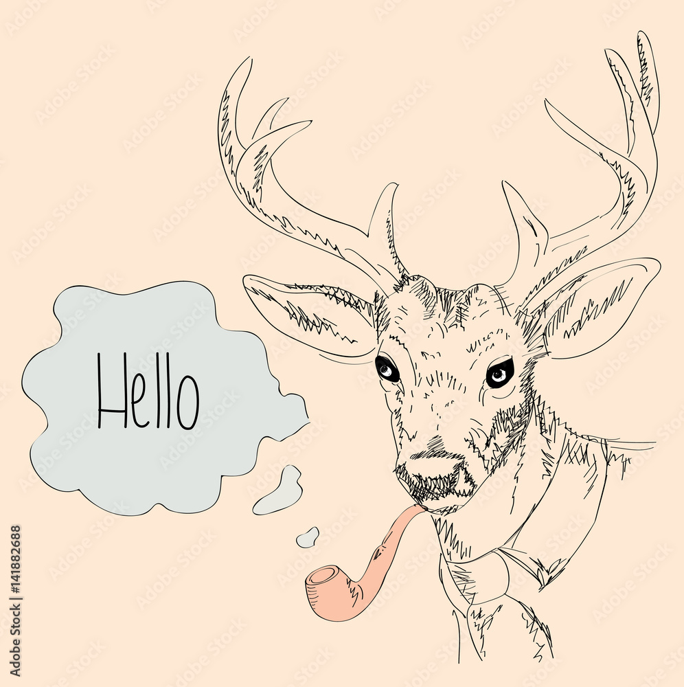 Beautiful vector illustration. Deer with smoking pipe. Stock Vector ...