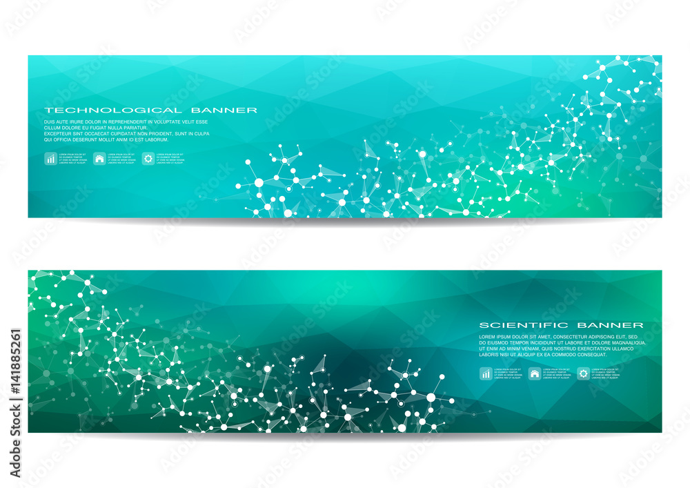 Two scientific banner. Molecular structure of DNA and neurons ...