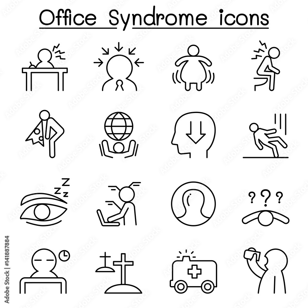 Office syndrome , Staff health care icon set in thin line style Stock ...