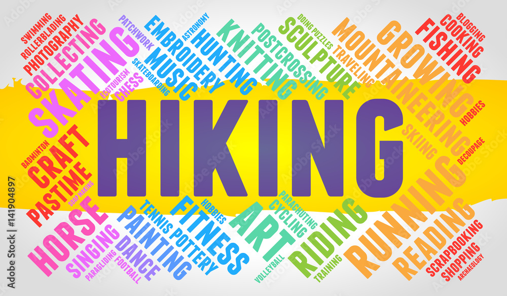 Hiking. Word cloud, multicolor font, yellow stripe, grey gradient ...
