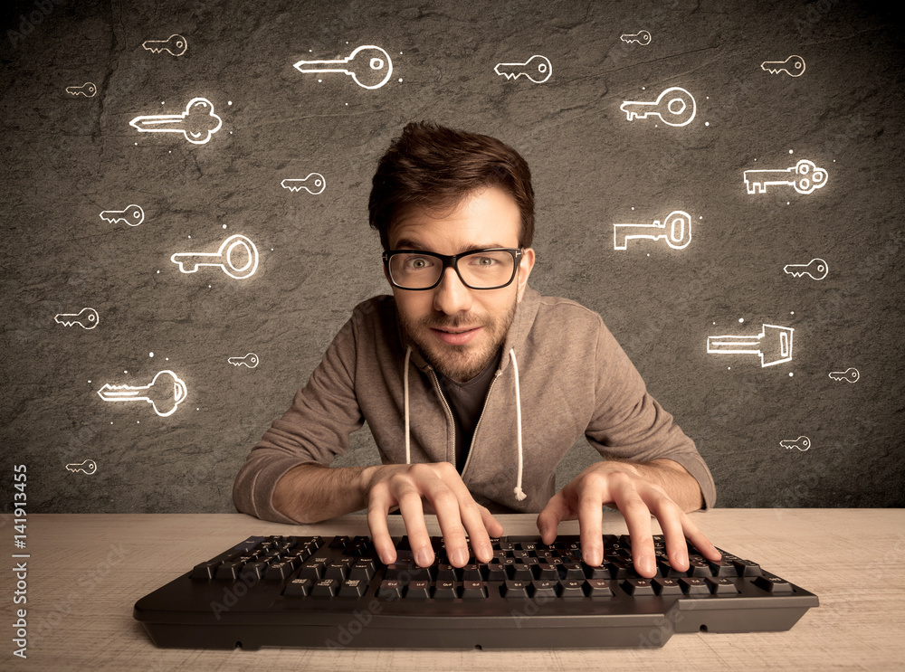 Hacker Nerd Guy With Drawn Password Keys Stock Foto Adobe Stock
