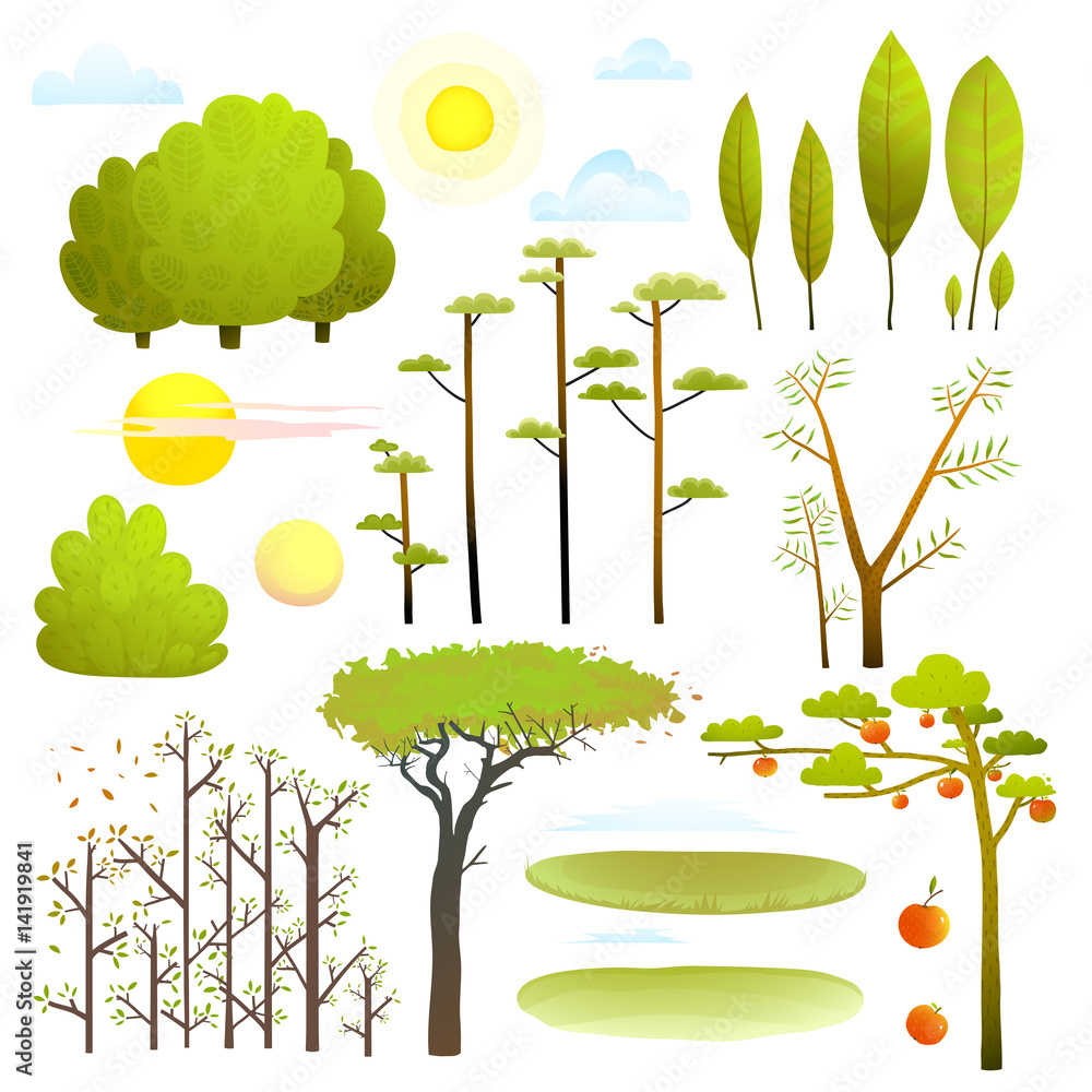 Trees nature landscape objects clip art collection Stock Vector | Adobe ...