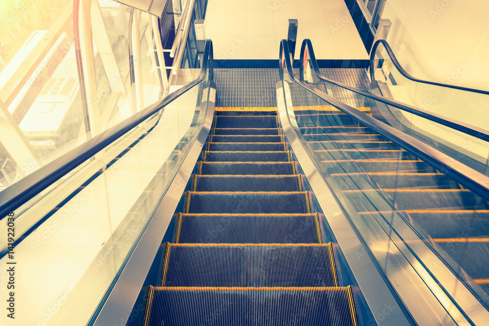Empty escalator or moving stair. Also called stairway or staircase ...