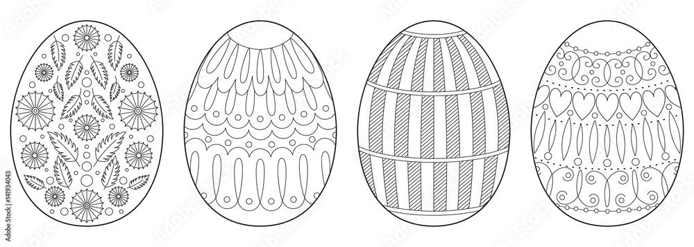 Collection of Easter eggs. Coloring book page for adults with zentangle ...