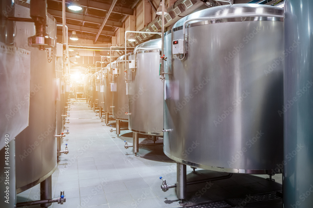 Modern Beer Factory. Small steel tanks for fermentation of beer. Stock ...