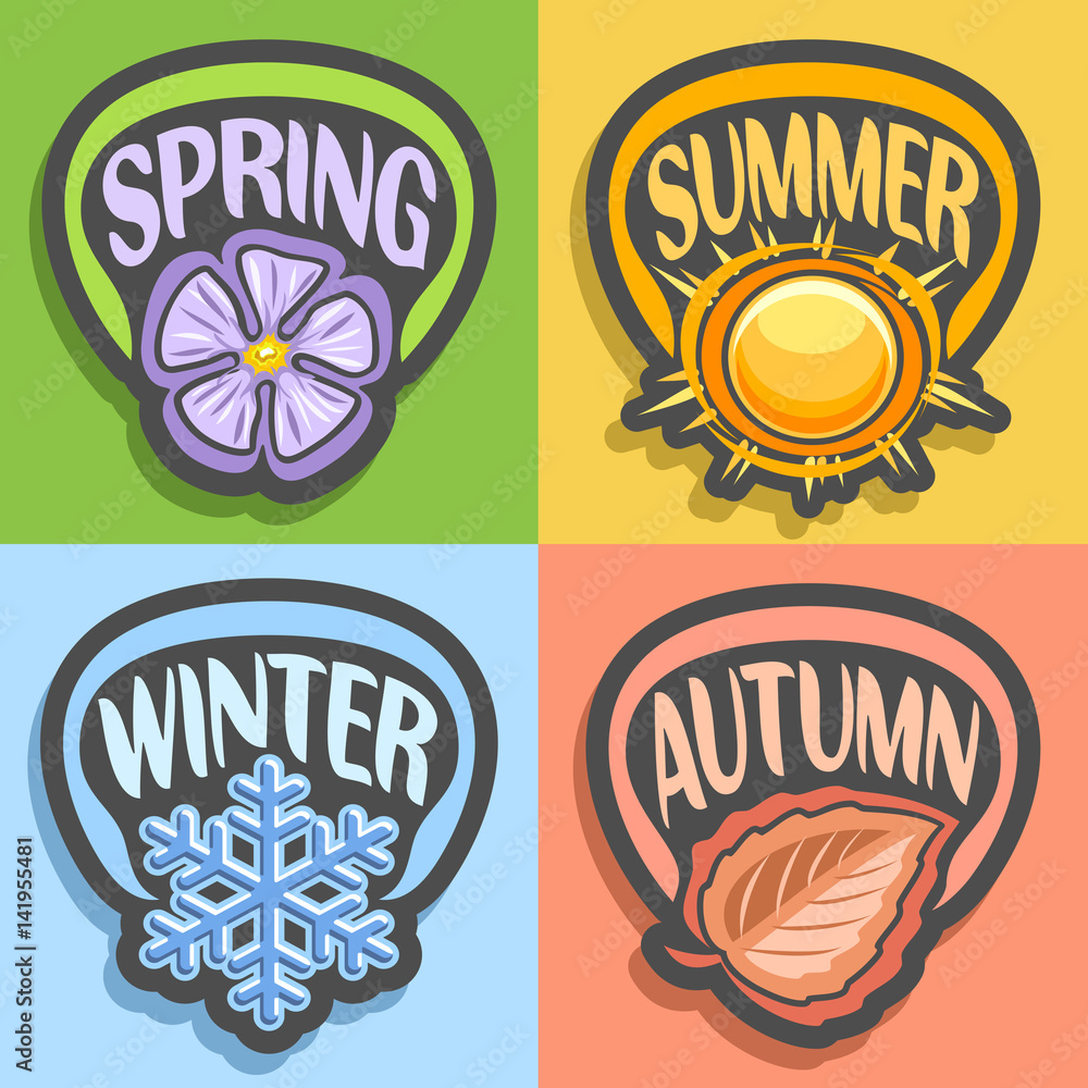Vector logo Four Seasons: spring - flower on green, summer - hot sun on ...