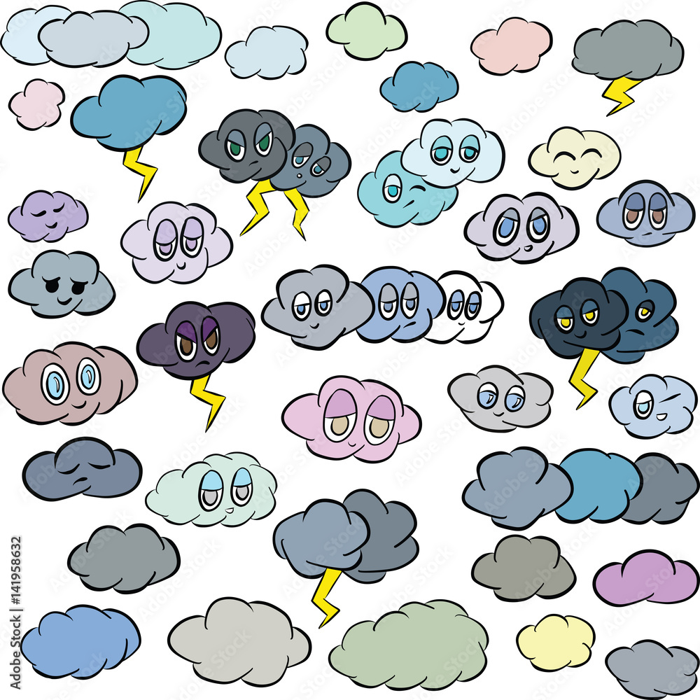 Cartoon Illustration of Clouds with Faces Vector Line Art Coloured ...