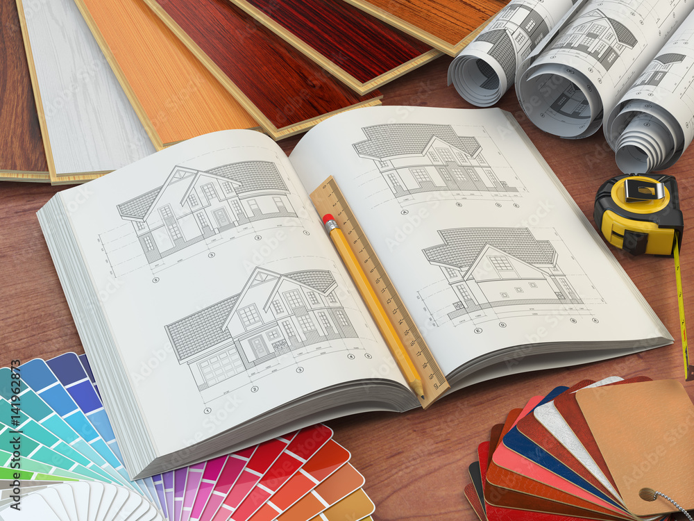Drafts of the house, wood samples, color palette and leather swatches ...