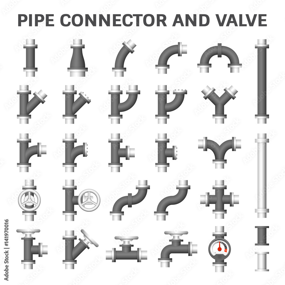 Pipe icon and flange fitting. Include control valve and pressure gauge ...