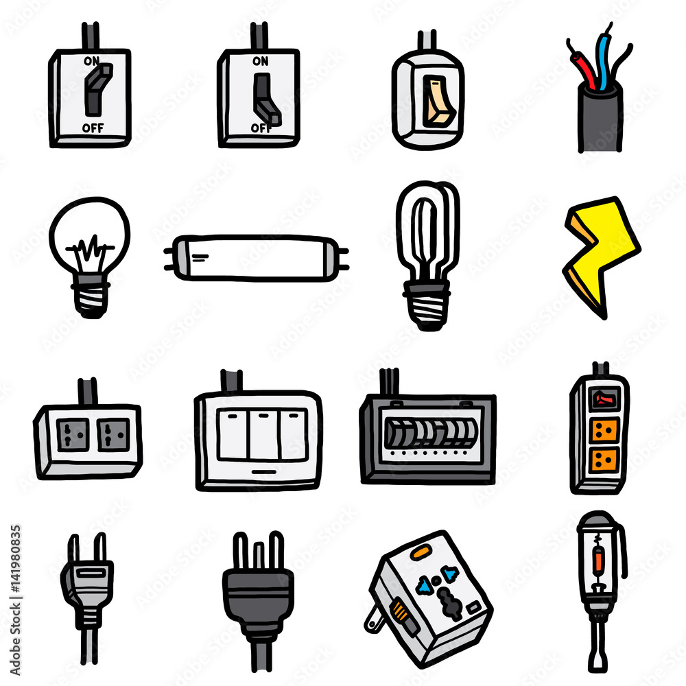 electrical objects, icons set / cartoon vector and illustration, hand ...