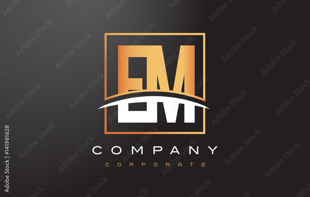 EM E M Golden Letter Logo Design with Gold Square and Swoosh. Stock ...
